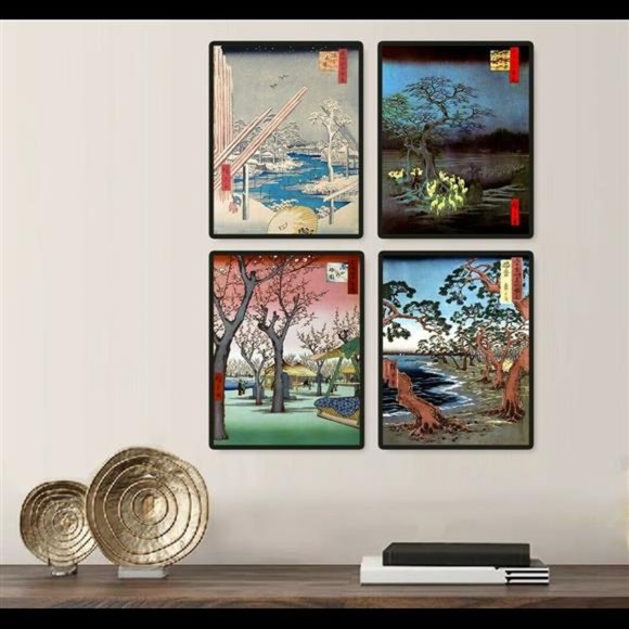 Art | Japan Japanese Trees Hiroshige Vintage Wall Art Decor Set Of 4 ...